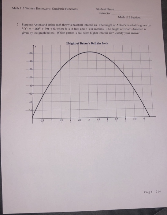 Solved Math 112 Written Homework: Quadratic Functions | Chegg.com