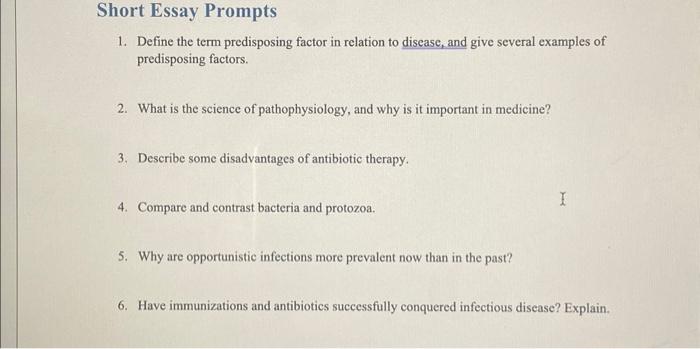 Solved Short Essay Prompts 1. Define the term predisposing | Chegg.com