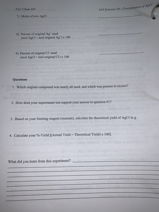 Lab Exercise #6 - Precipitation of AgCl FLC Chem 305 | Chegg.com