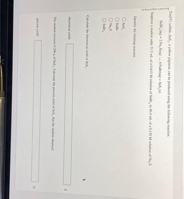 Solved Tin(IV) sulfide, SnS2, a yellow pigment, can be | Chegg.com