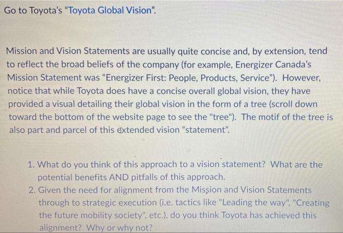 Solved Go to Toyota's "Toyota Global Vision". Mission and | Chegg.com