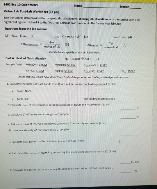 Solved 1402 Exp 10 Calorimetry Section Virtual Lab Post-Lab | Chegg.com