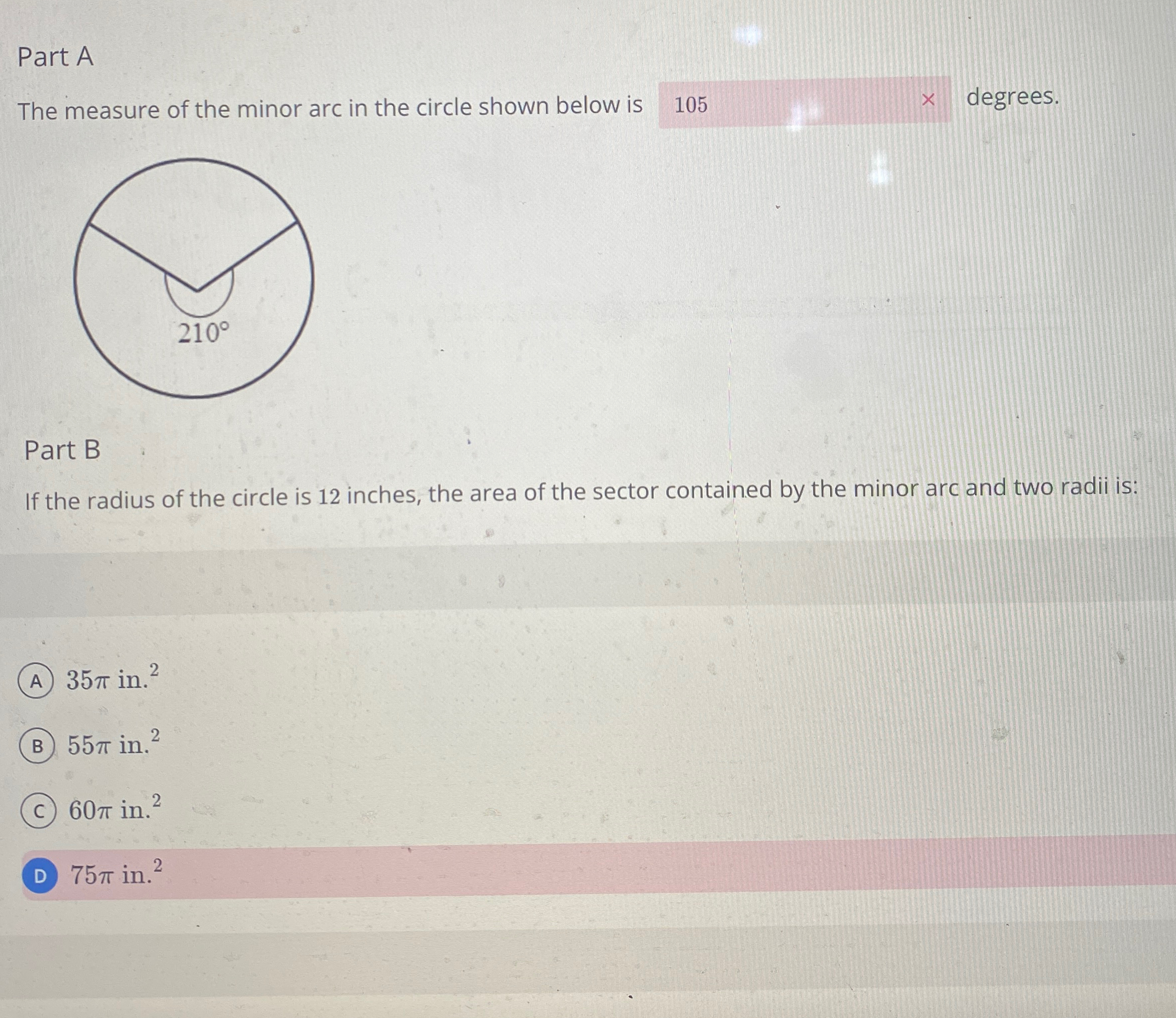 Solved Part AThe measure of the minor arc in the circle | Chegg.com