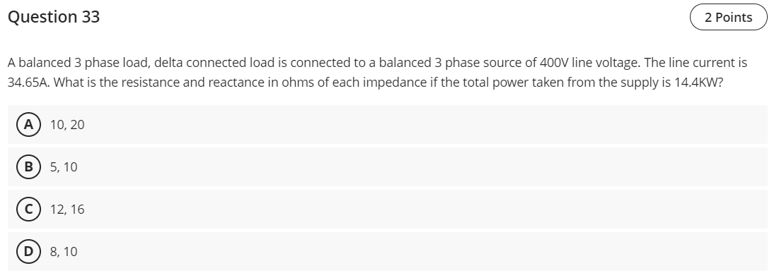 Solved Question 33A balanced 3 ﻿phase load, delta connected | Chegg.com
