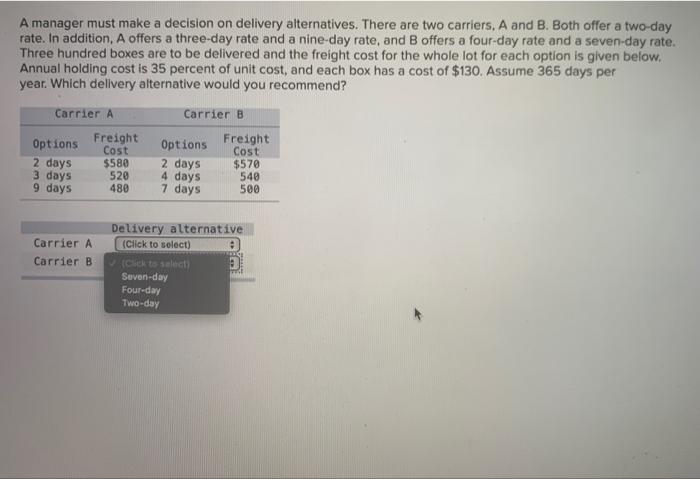 Solved A manager must make a decision on delivery | Chegg.com