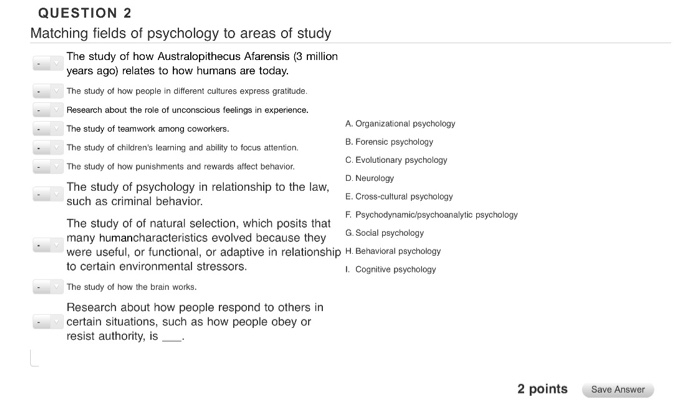 Solved QUESTION 2 Matching fields of psychology to areas of | Chegg.com