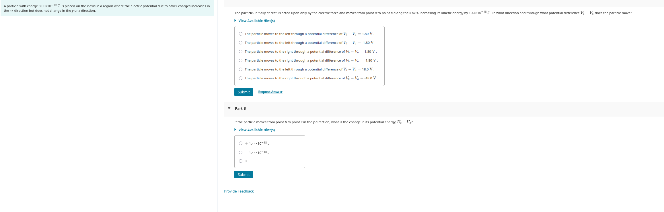 Solved View Available Hint(s)The particle moves to ﻿the left | Chegg.com