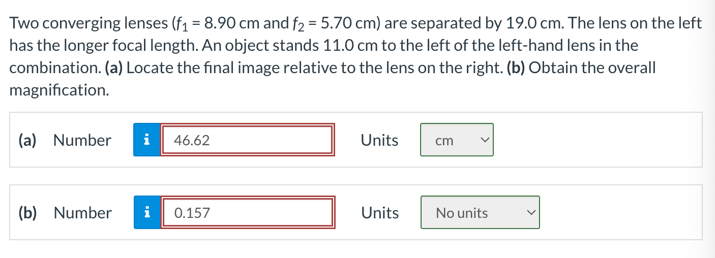 Solved Two converging lenses and {:f2=5.70(cm)) ﻿are | Chegg.com