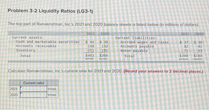 Solved Problem 3-2 Liquidity Ratios (LG3-1) The top part of | Chegg.com