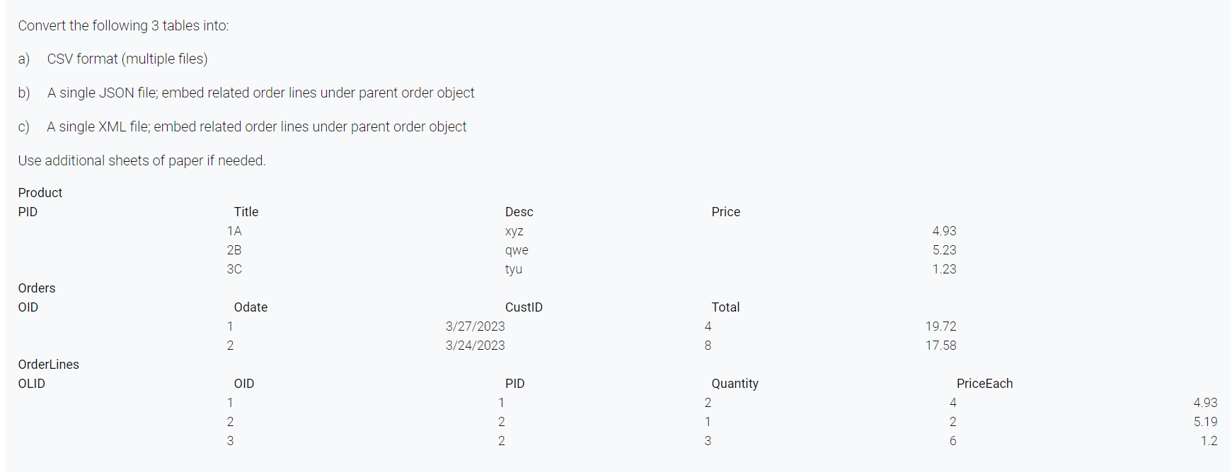 Solved Convert the following 3 ﻿tables into:a) ﻿CSV format | Chegg.com