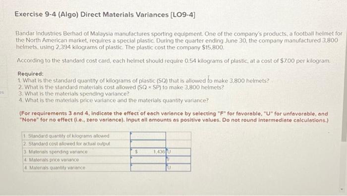 Solved Exercise 9-4 (Algo) Direct Materials Variances | Chegg.com Solved Exercise 9-4 (Algo) Direct Materials Variances | Chegg.com