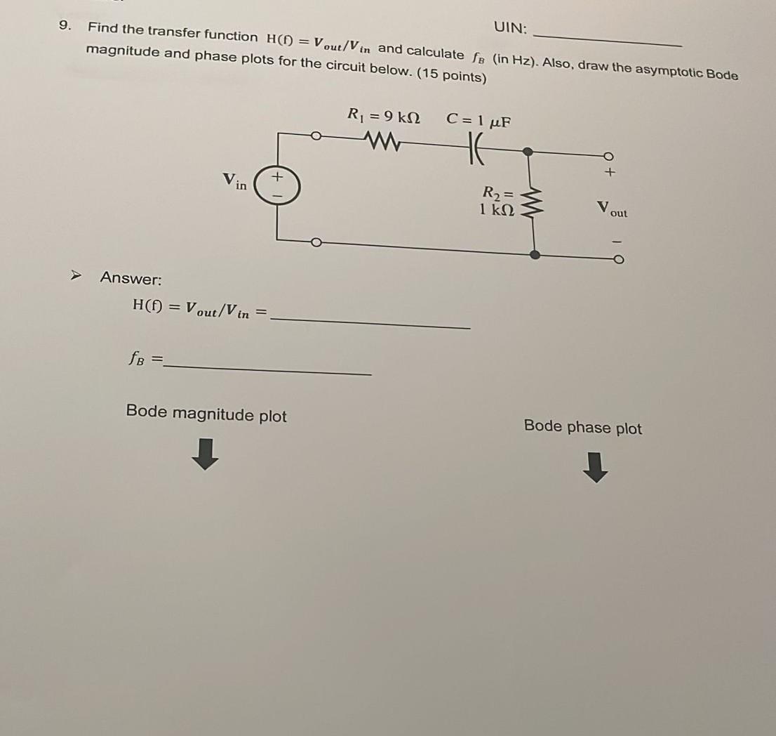 Solved 9. Find the transfer function H(f)=Vout/Vin and | Chegg.com