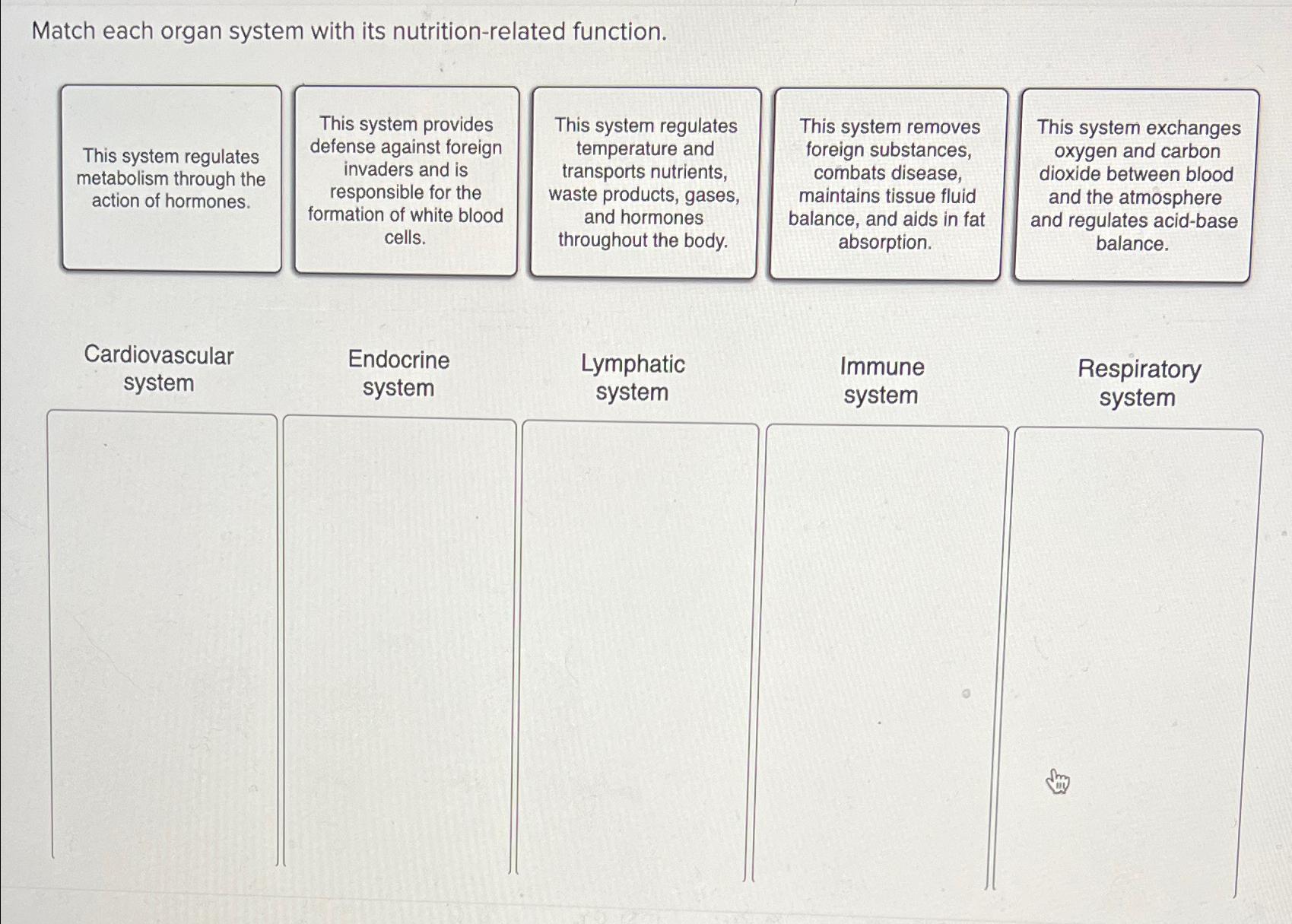 Solved Match each organ system with its nutrition-related | Chegg.com