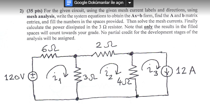 Solved ( 35pts ﻿For the given circuit, using the given mesh | Chegg.com