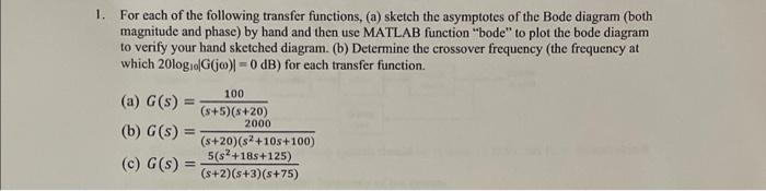 1. For each of the following transfer functions, (a) | Chegg.com