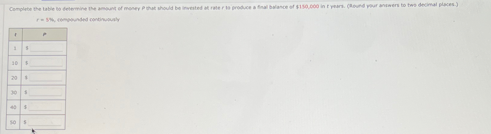 Solved r=5%, ﻿compounded continuously \table[[t,P | Chegg.com