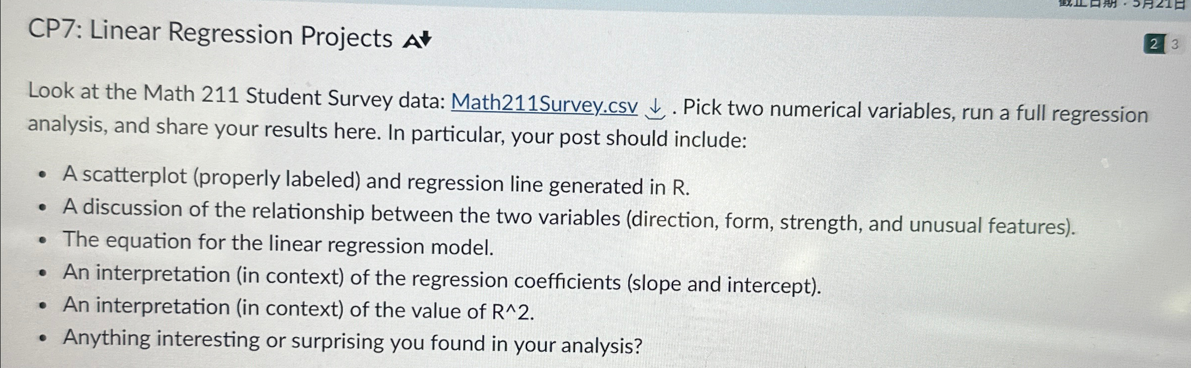 CP7: Linear Regression ProjectsLook at the Math 211 | Chegg.com