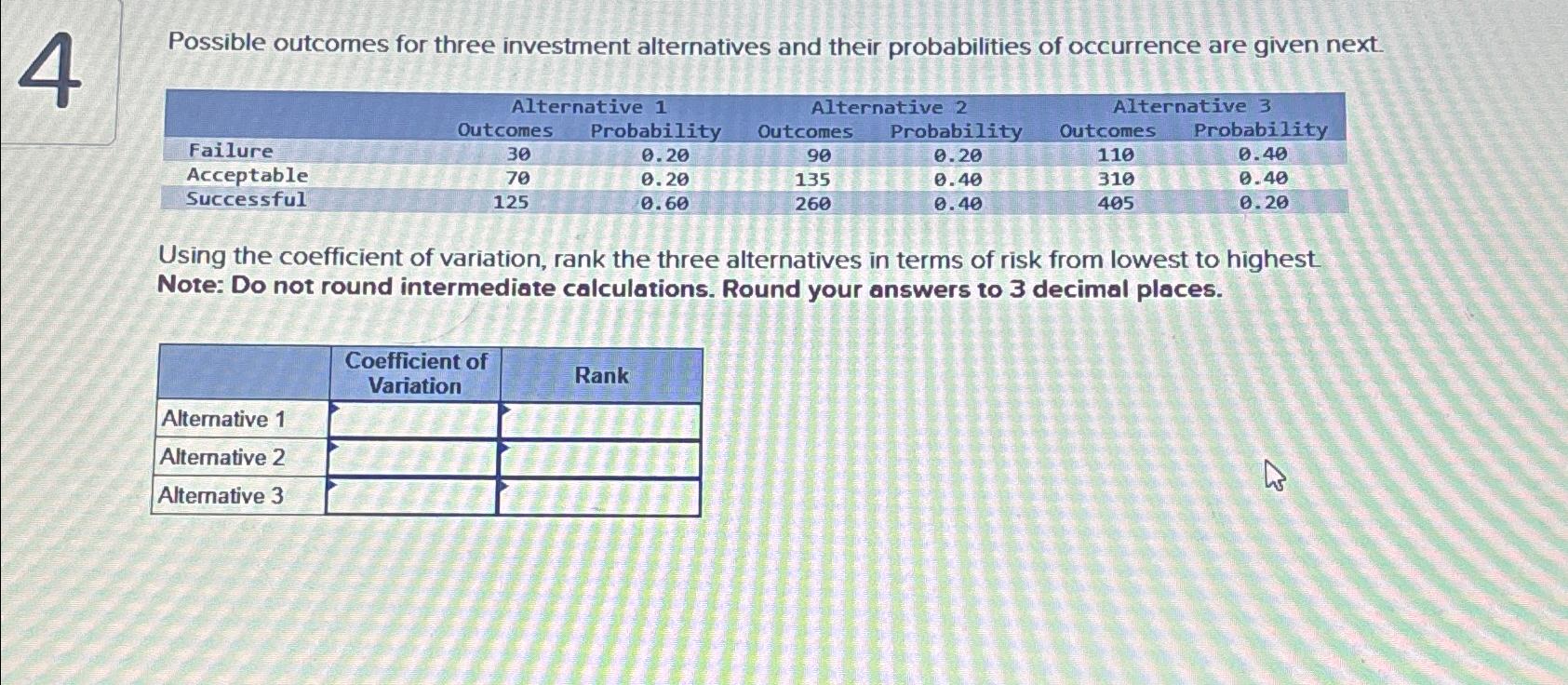 Solved 4Possible outcomes for three investment alternatives | Chegg.com