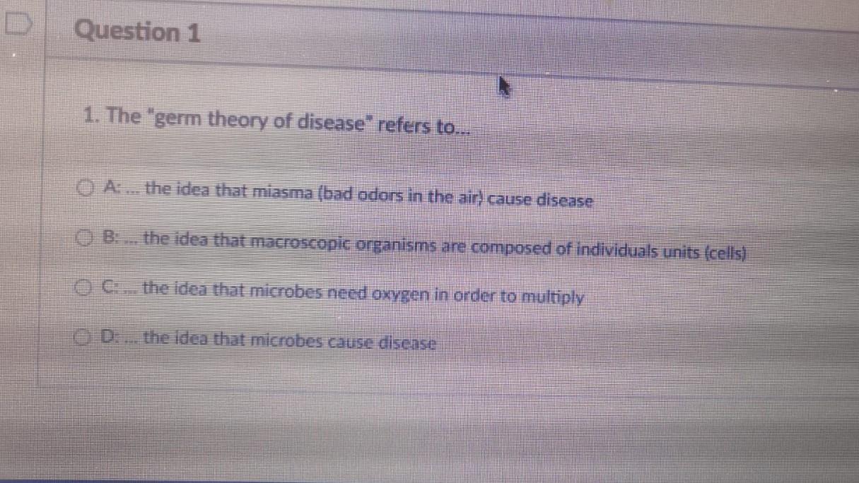 Solved 1. The "germ theory of disease" refers to... A:... | Chegg.com