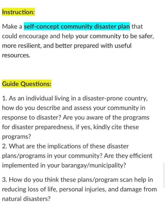Solved Make a self-concept community disaster plan that | Chegg.com
