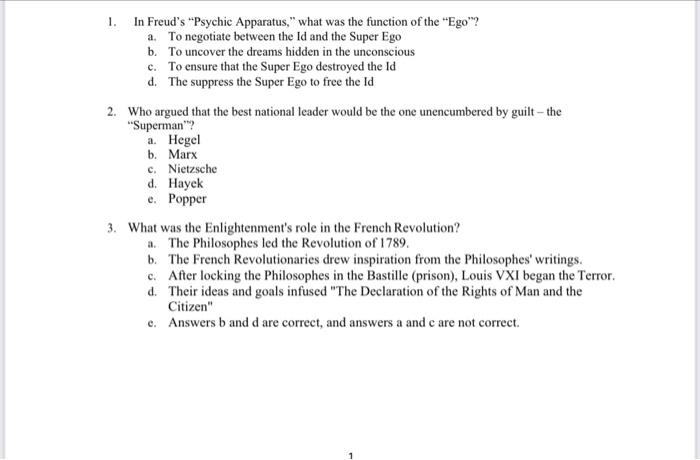 1. In Freud's "Psychic Apparatus," what was the | Chegg.com