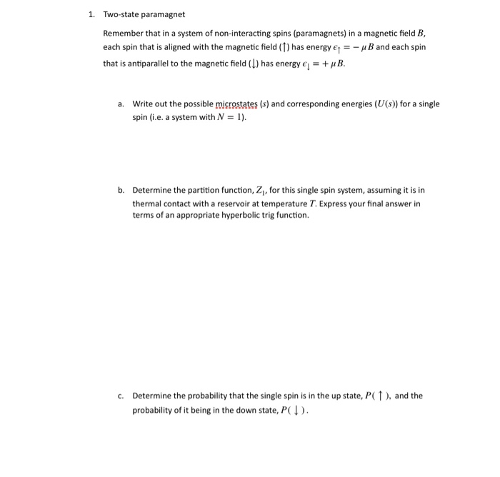 Solved 1. Two-state paramagnet Remember that in a system of | Chegg.com