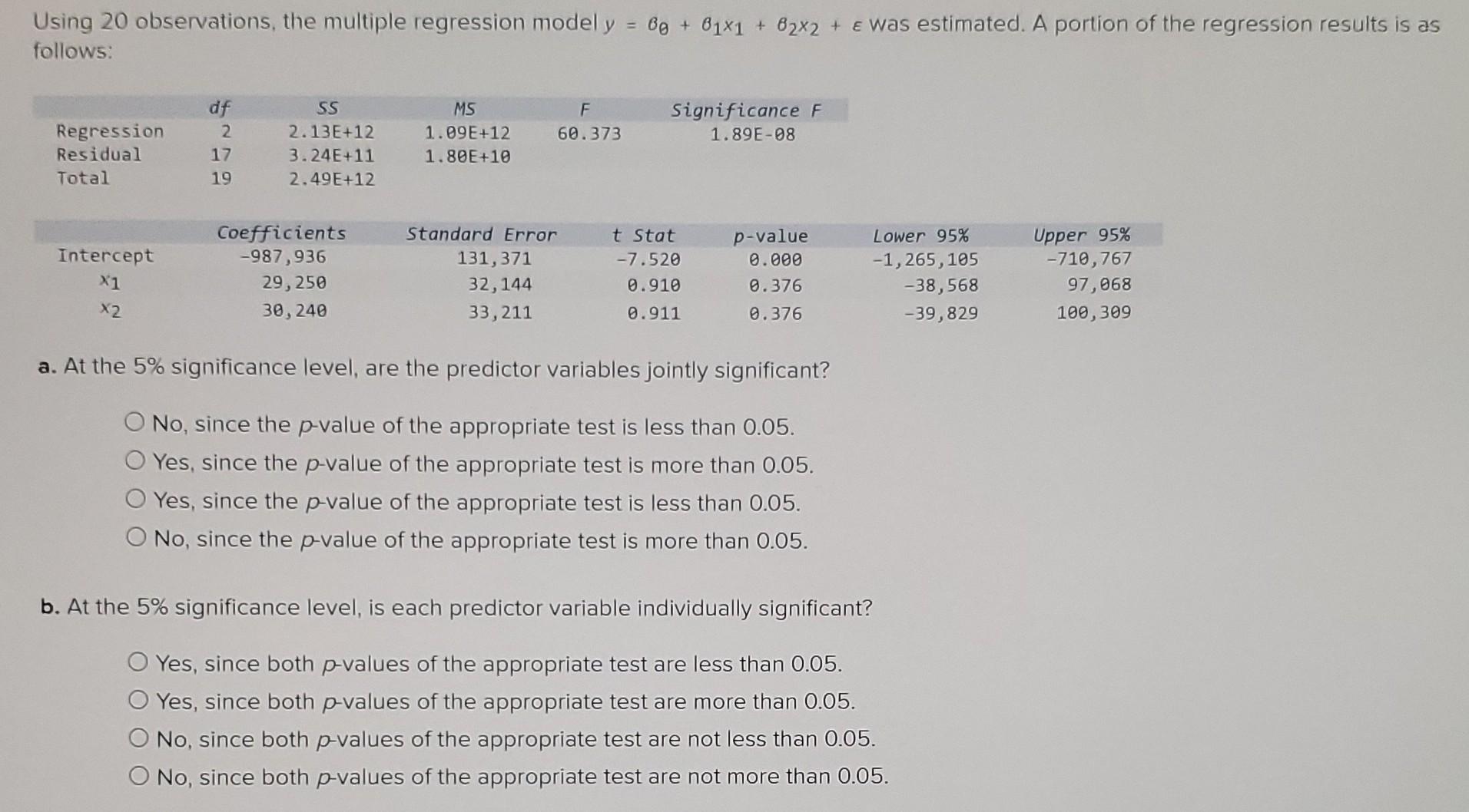 Solved Using 20 observations, the multiple regression model | Chegg.com