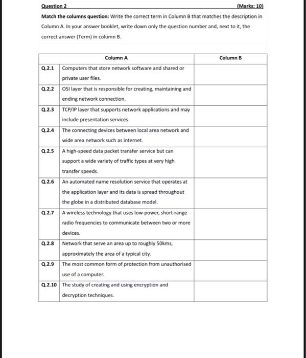 Solved Question 2 (Marks: 10) Match the columns question: | Chegg.com