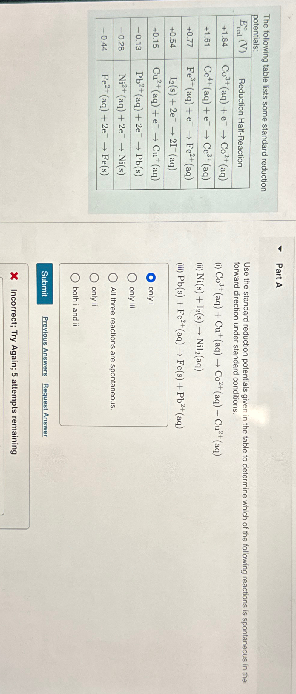 Solved The following table lists some standard reduction | Chegg.com