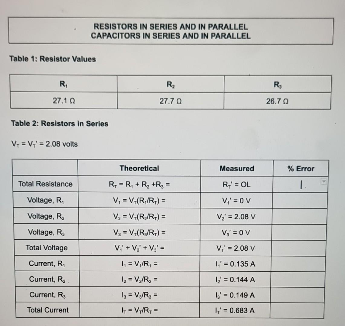 Solved Table 1: Resistor Values Table 2: Resistors in Series | Chegg.com