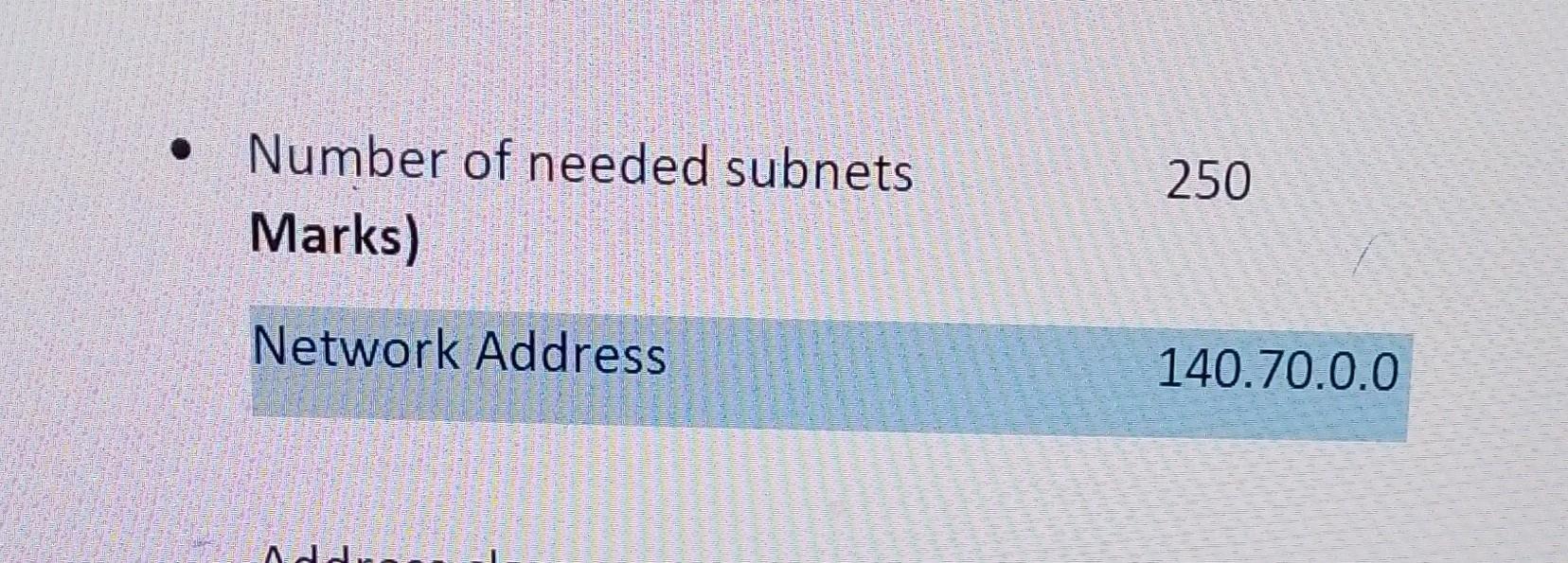 Solved - Number of needed subnets 250 Marks) Network Address | Chegg.com