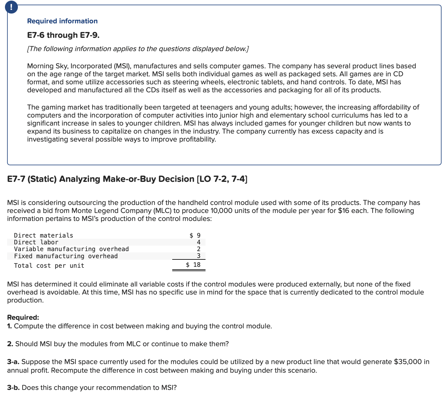 Solved E7-7 (Static) ﻿Analyzing Make-or-Buy Decision [LO | Chegg.com