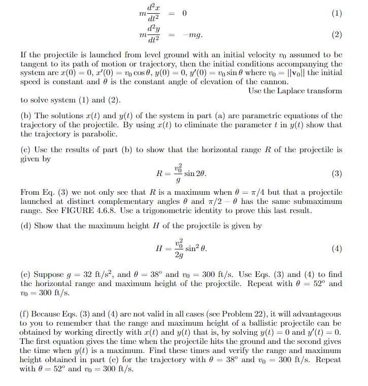 Solved Projectile motion using laplace | Chegg.com