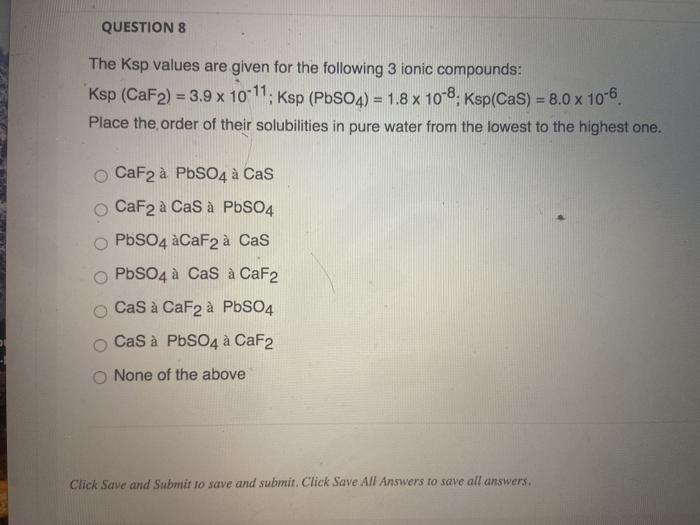 Solved QUESTION 8 The Ksp values are given for the following | Chegg.com