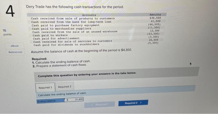 Solved Dery Trade has the following cash transactions for | Chegg.com