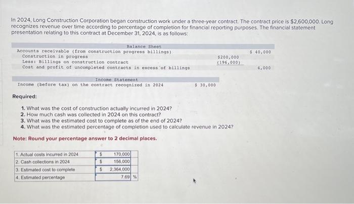 Solved In 2024, Long Construction Corporation began | Chegg.com