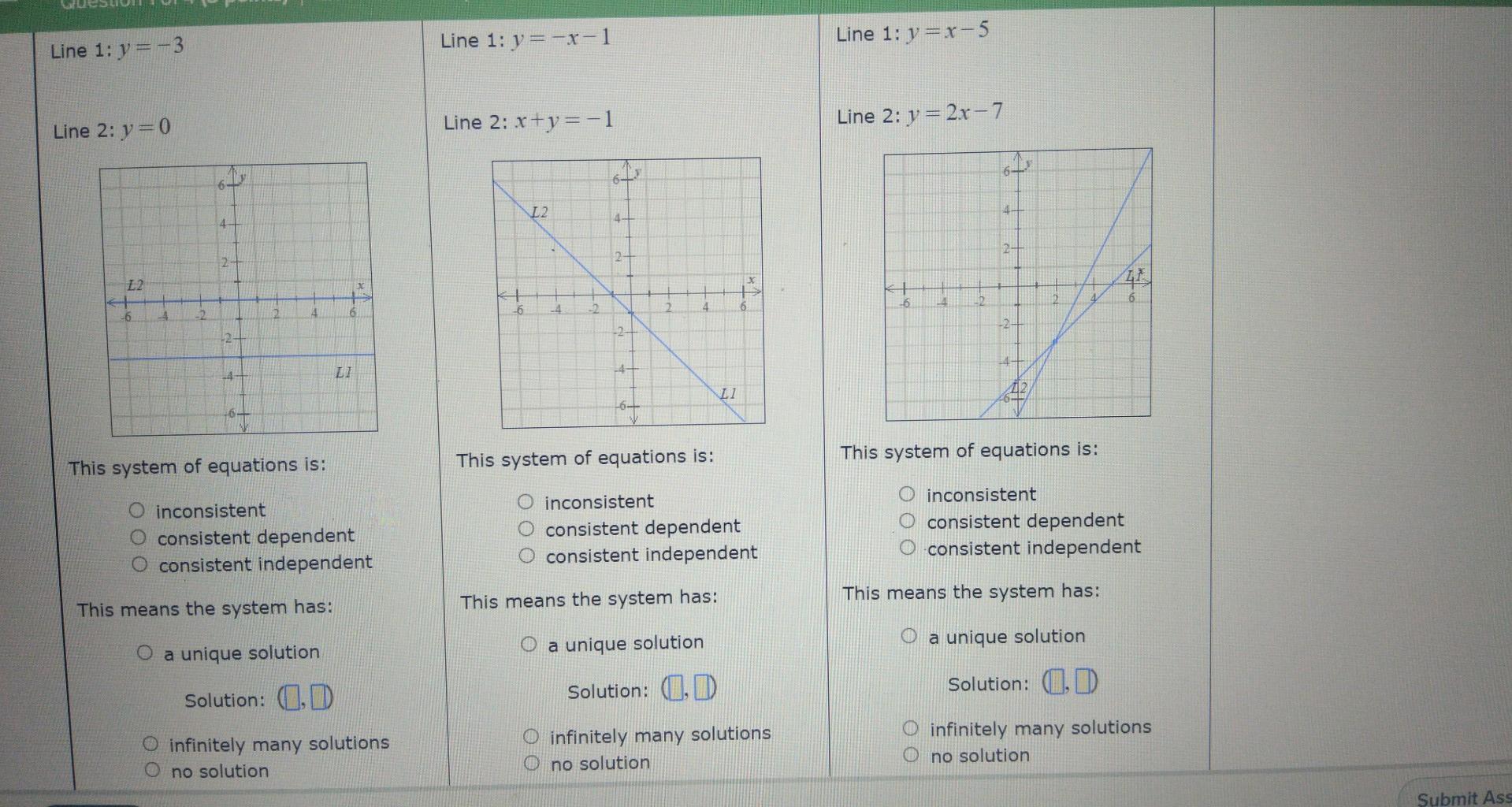 Solved Line 1: y = -3 Line 1: y=-x-1 Line 1: y=r-5 Line 2: | Chegg.com