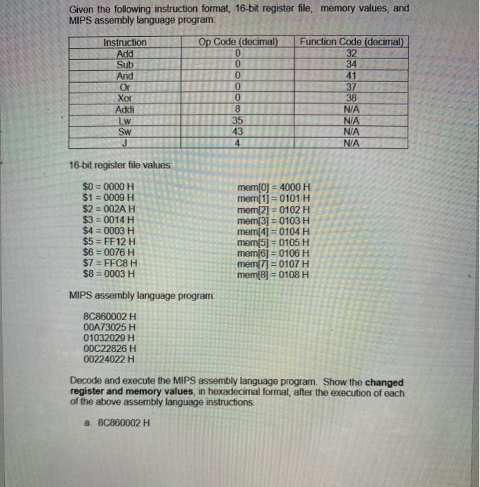 Solved Given the following instruction format, 16-bit | Chegg.com