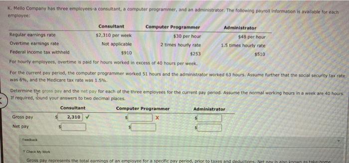 Solved K. Mello Company has three employees a consultant, a | Chegg.com