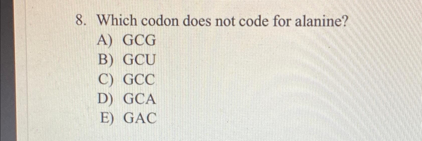 Solved Which codon does not code for alanine?A) ﻿GCGB) | Chegg.com