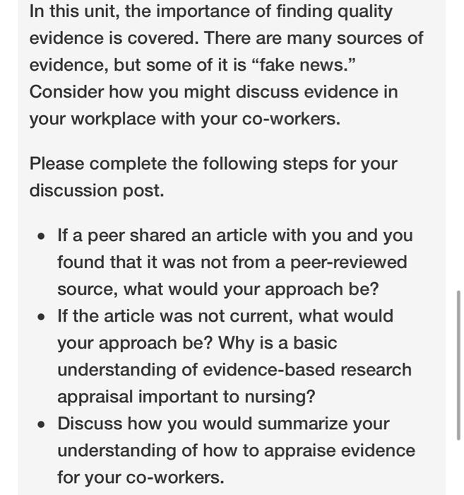 Solved In this unit, the importance of finding quality | Chegg.com