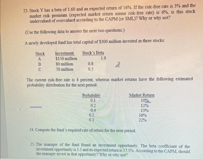 Solved 23. Stock Y has a beta of 1.60 and an expected return | Chegg.com