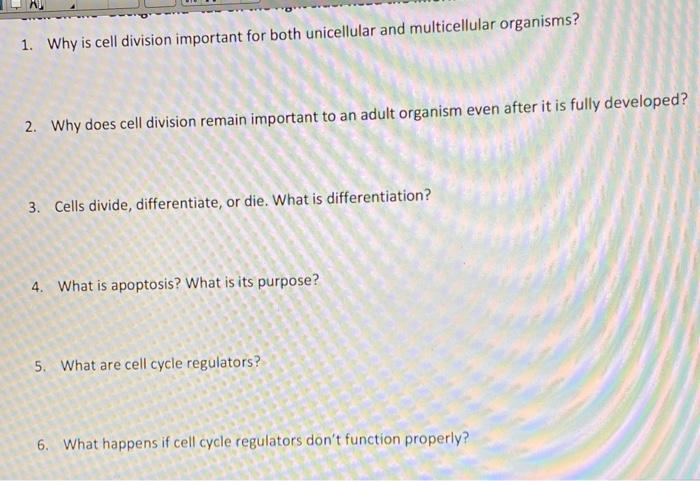 Solved 1. Why is cell division important for both | Chegg.com