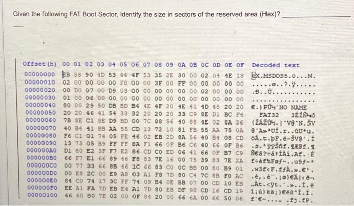 Solved Given the following FAT Boot Sector, Identify the | Chegg.com