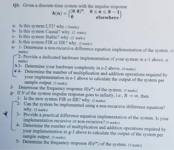Solved Q1: Given a discrete-time system with the impulse | Chegg.com
