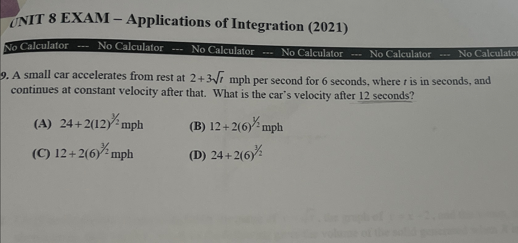 Solved UNIT 8 ﻿EXAM - ﻿Applications of Integration (2021)No | Chegg.com