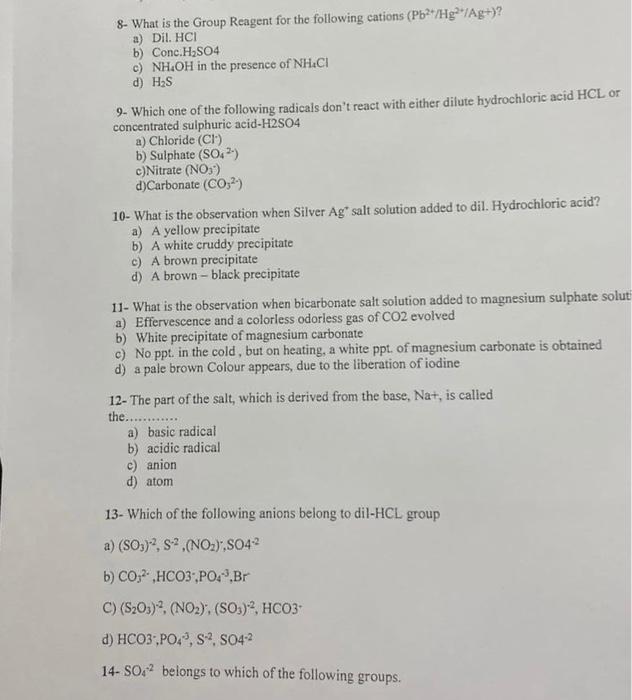 Solved 8- What is the Group Reagent for the following | Chegg.com