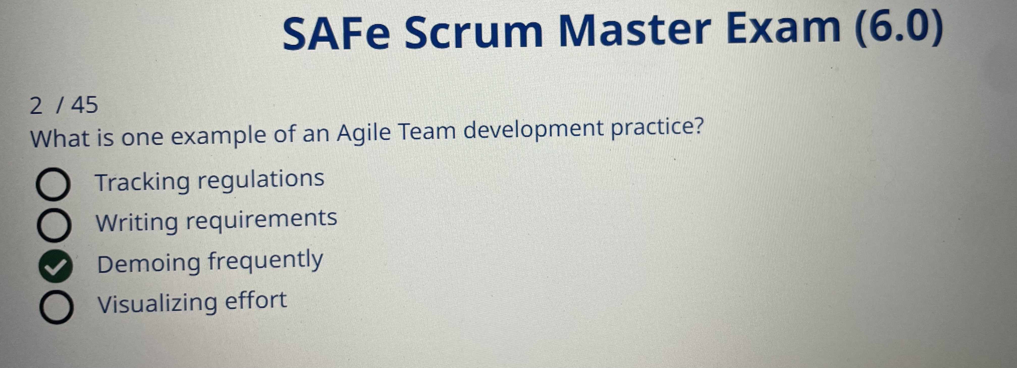 Solved SAFe Scrum Master Exam (6.0)245What is one example of | Chegg.com