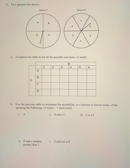 Solved 11. Two spinners are shown. a. Spinner I B OO 6 5 A D | Chegg.com