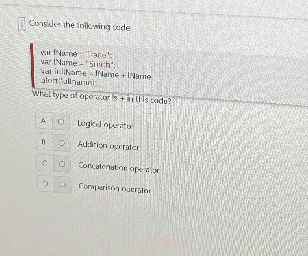 Solved Consider the following code:var fName = ﻿"Jane";var | Chegg.com